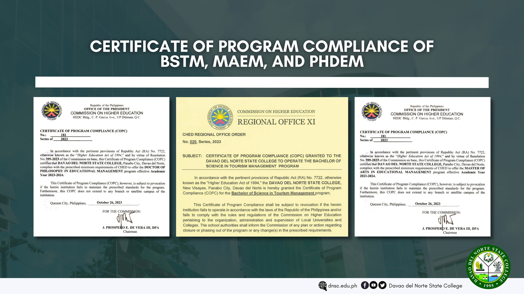 Three DNSC programs receive Certificate of Program Compliance from CHED ...
